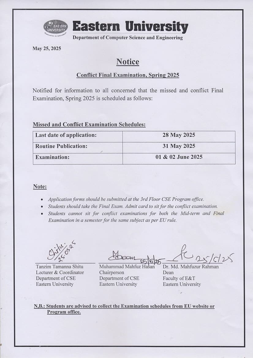 Conflict Final Exam Schedule, CSE, Spring 2025 | Notice | Eastern University