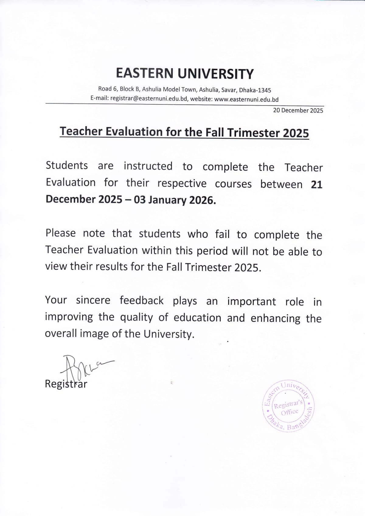 Teacher Evaluation for the Fall Trimester 2025 | Notice | Eastern ...
